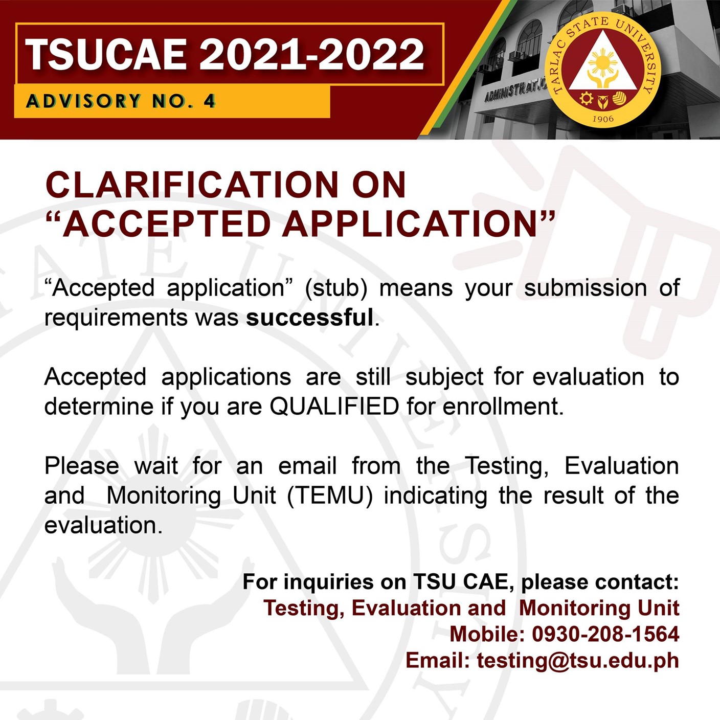 TSU CAE ADVISORY NO. 4: CLARIFICATION ON "ACCEPTED APPLICATION ...