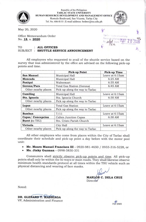 Shuttle Service Announcement - Tarlac State University
