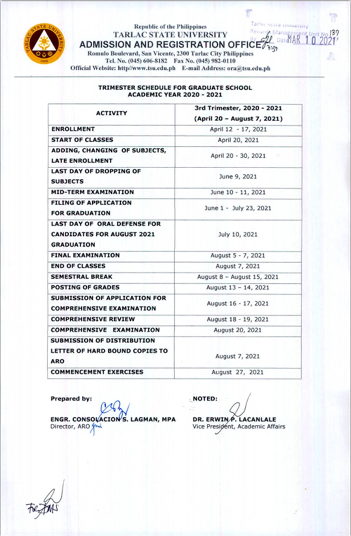 Trimester Schedule for Graduate School A.Y. 2020-2021 - Tarlac State ...