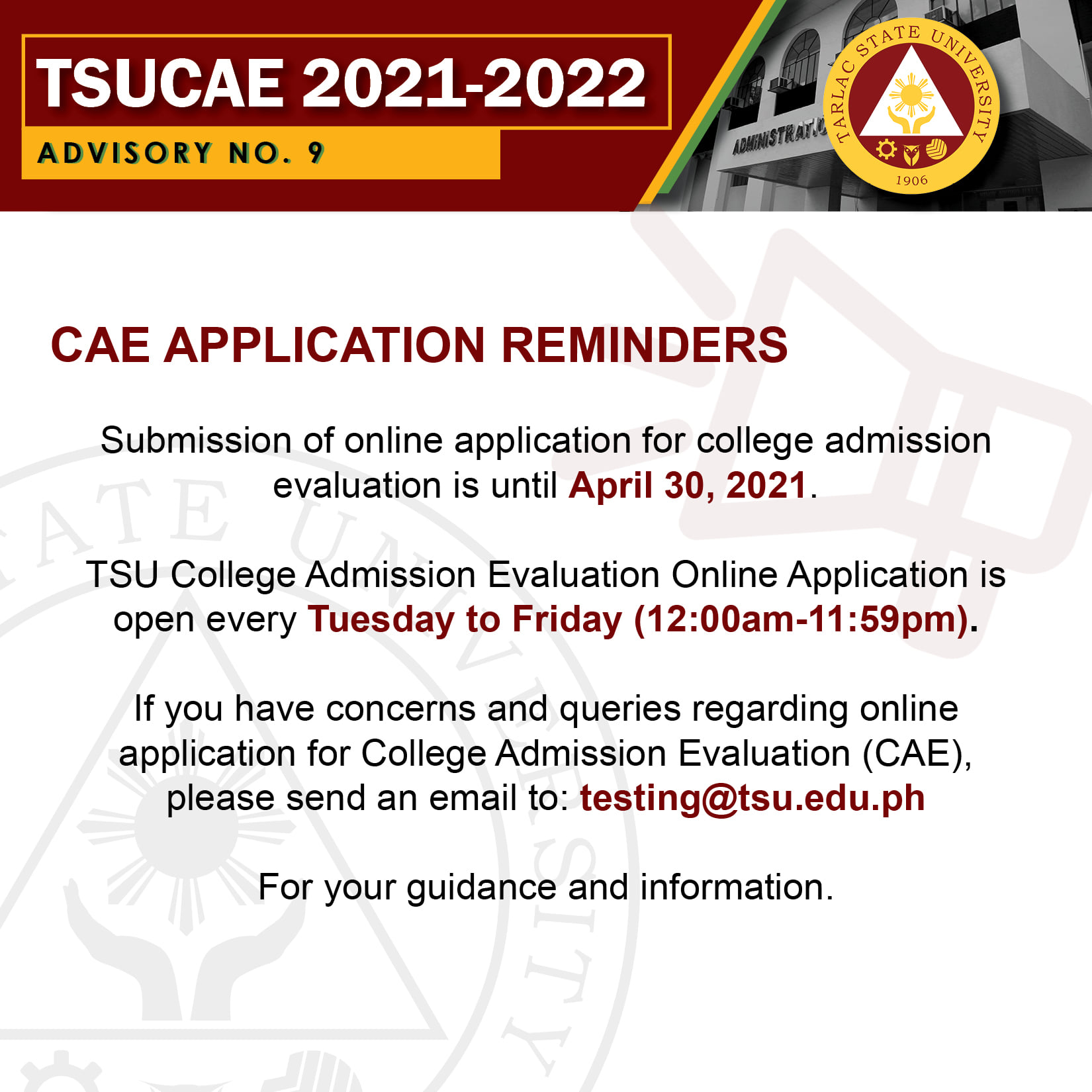 TSU CAE ADVISORY NO. 9: CAE APPLICATION REMINDERS - Tarlac State University