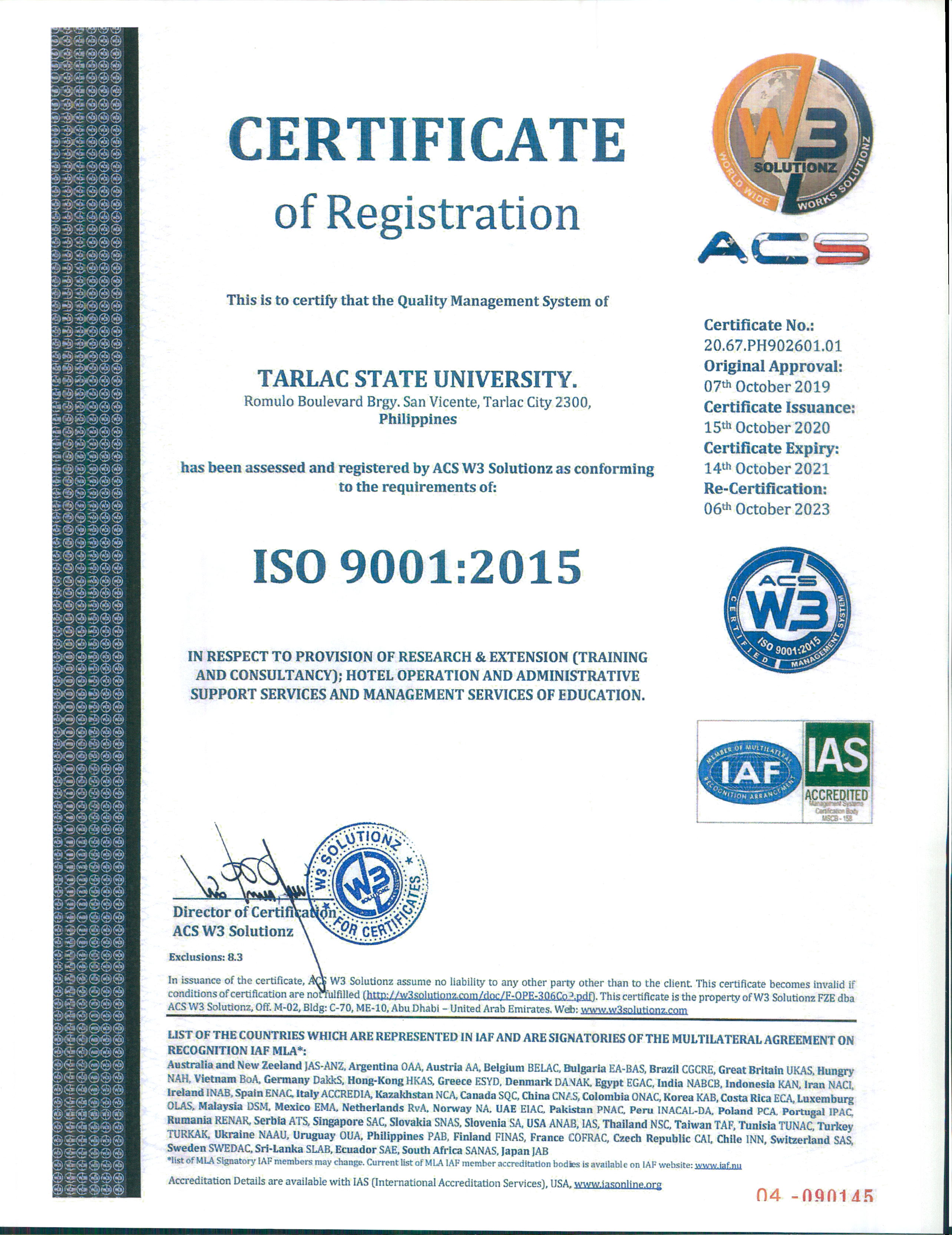 QMS 9001:2015 Certificate - Tarlac State University